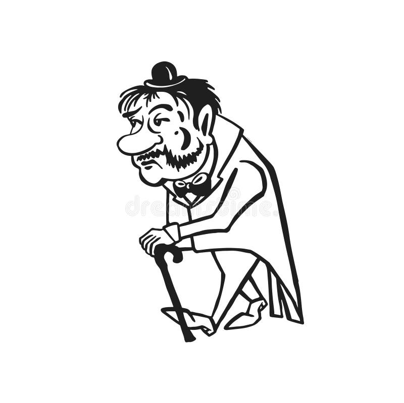 Retro Man Slouching with Cane, Line Monochrome Vector Stock ...