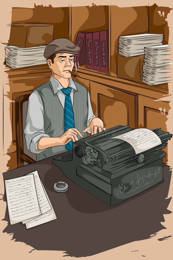 Retro Man Writing with Typewriter Stock Illustration - Illustration of ...