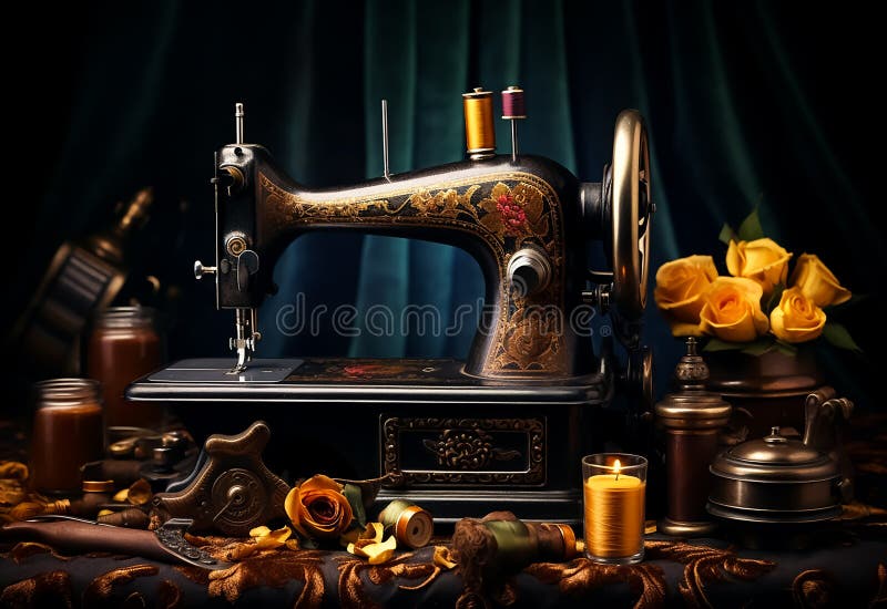 Retro Manual Sewing Machine, Antique Black and Gold with Pattern on it ...