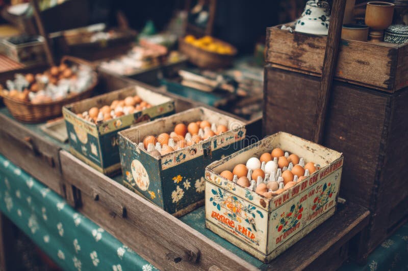 Retro Market Booth Displaying Eggs in Vintage Boxes Surrounded by ...