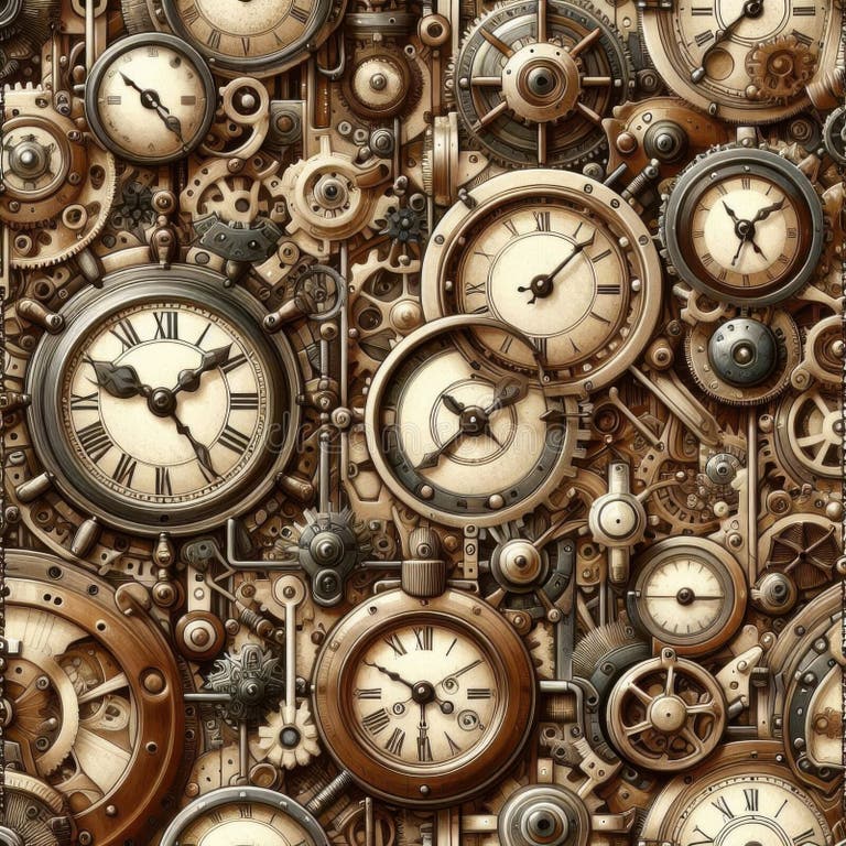 Retro Mechanical Clocks Pattern Background in Rusty Brown Hues Colors ...