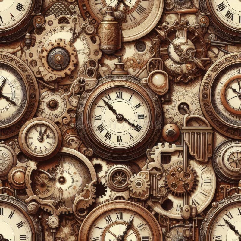 Retro Mechanical Clocks Pattern Background in Rusty Brown Hues Colors ...