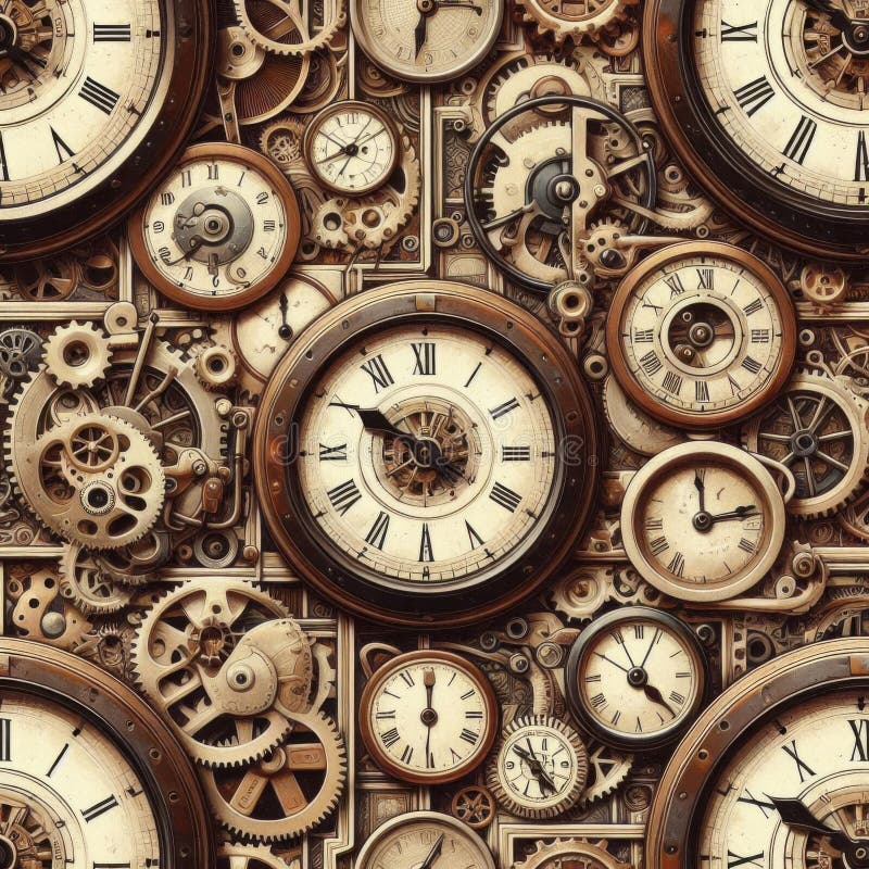 Retro Mechanical Clocks Pattern Background in Rusty Brown Hues Colors ...
