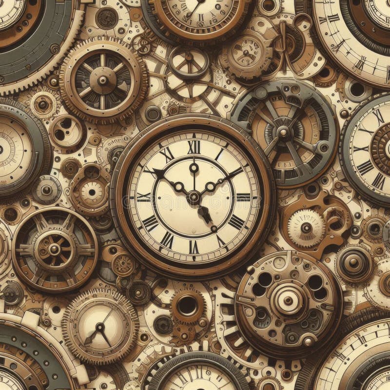 Retro Mechanical Clocks Pattern Background in Rusty Brown Hues Colors ...