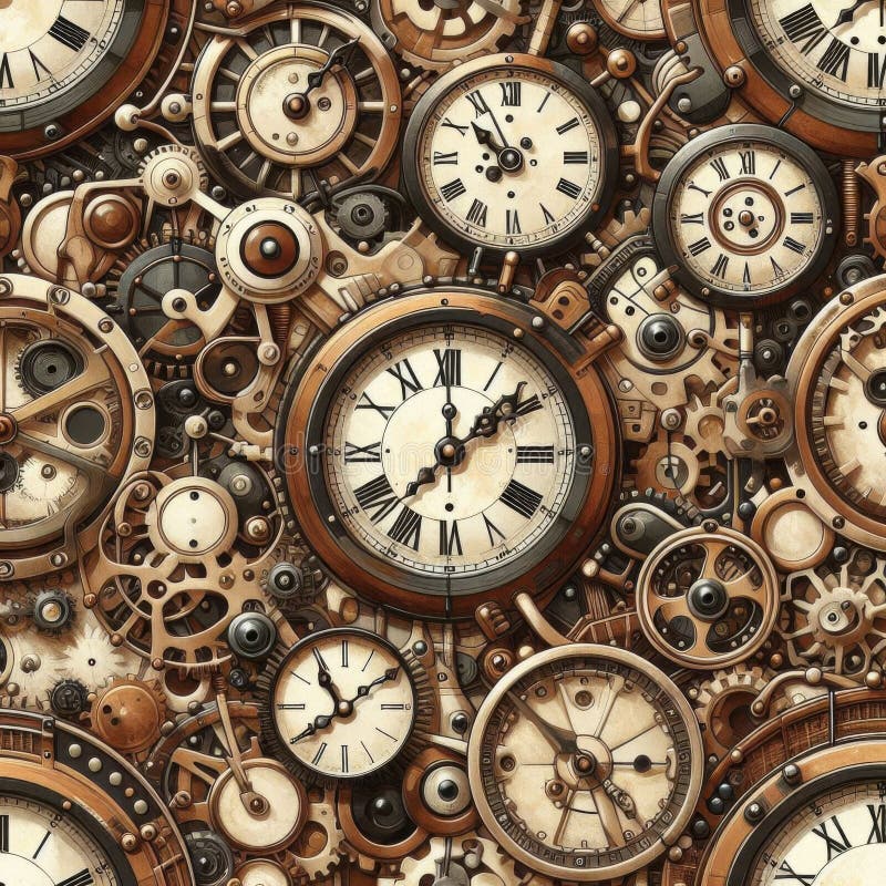Retro Mechanical Clocks Pattern Background in Rusty Brown Hues Colors ...