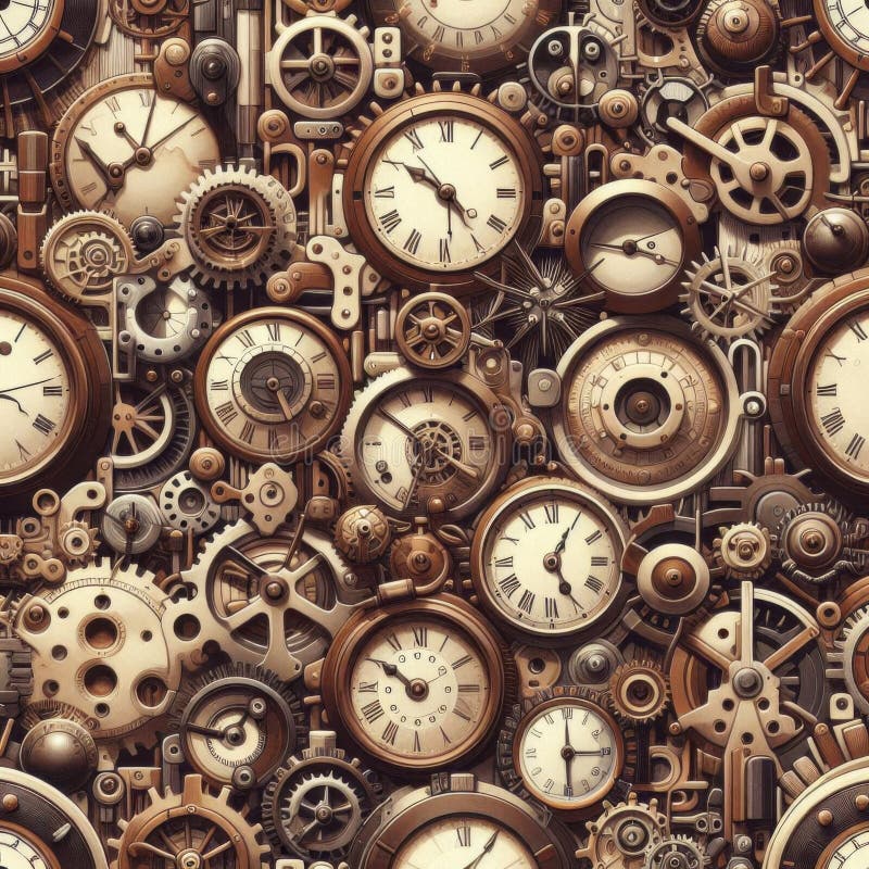 Retro Mechanical Clocks Pattern Background in Rusty Brown Hues Colors ...