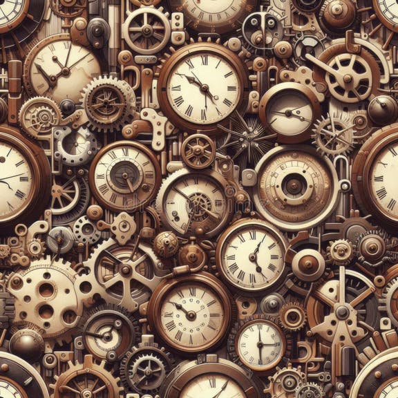 Retro Mechanical Clocks Pattern Background in Rusty Brown Hues Colors ...