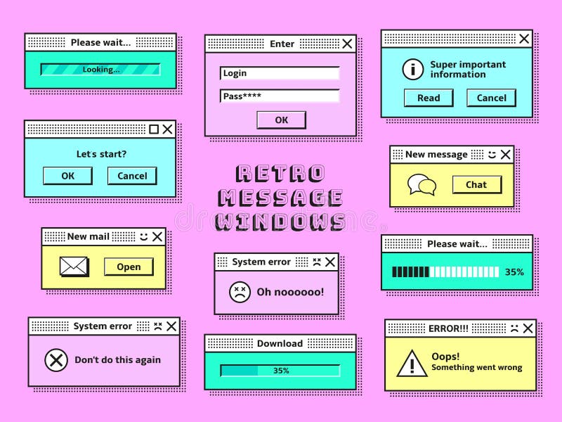 Retro Message Windows. Pc Vintage Hipster Mail Cloud, 1990s Technology ...
