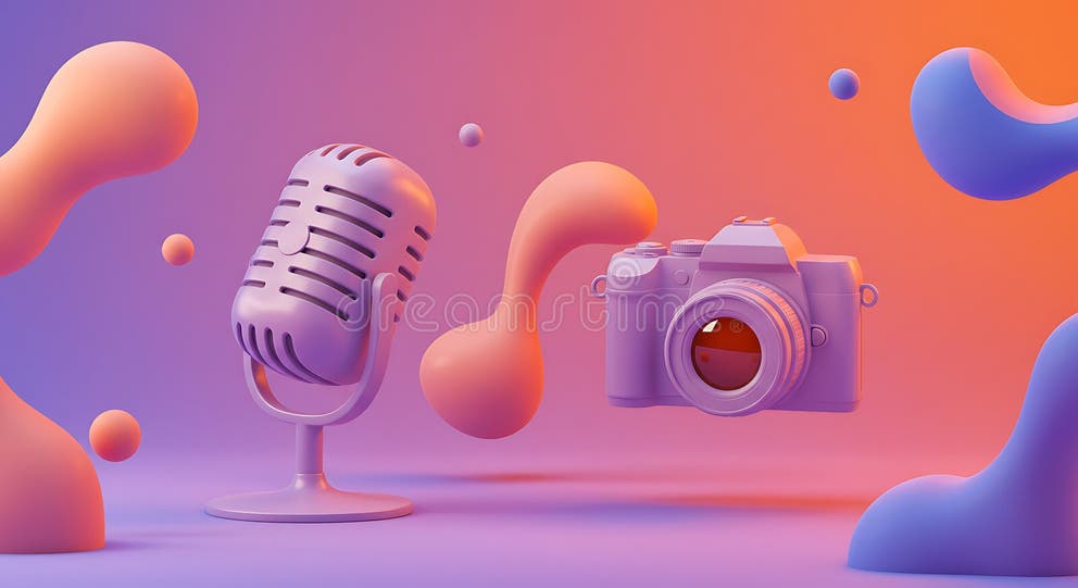 Retro Microphone and Camera with Abstract Shapes Against Colorful ...