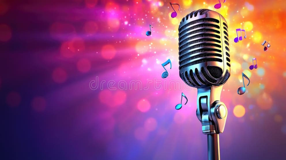 Retro Microphone with Colorful Musical Notes and Vibrant Lights Stock ...