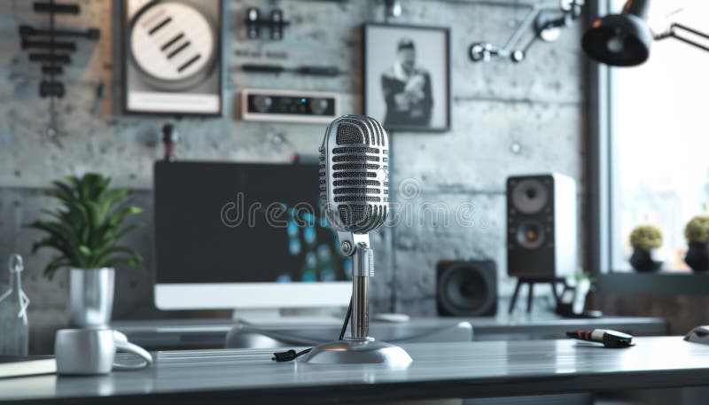Retro Microphone on a Desk in a Modern Recording Studio with Decorative ...