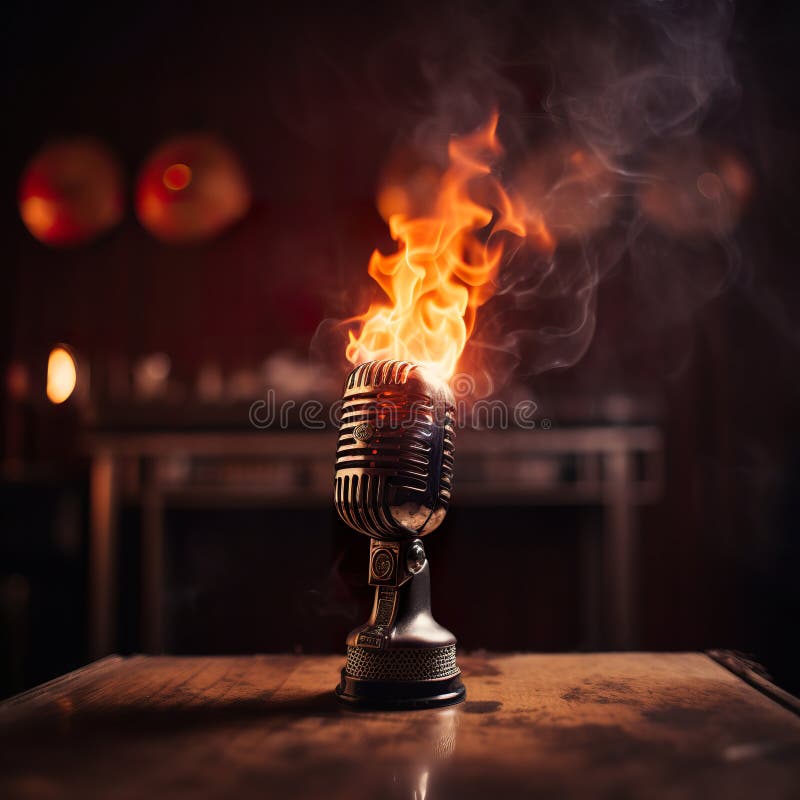 Retro Microphone on Fire on Top of a Table. Professional Microphone ...