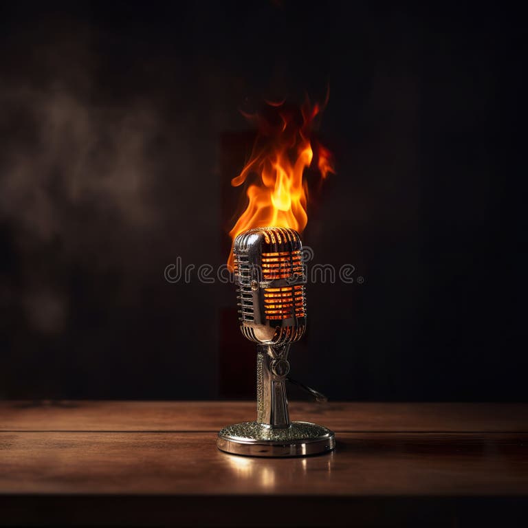 Retro Microphone on Fire on Top of a Table. Professional Microphone ...