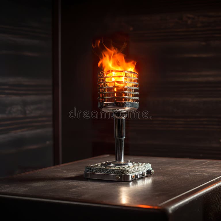 Retro Microphone on Fire on Top of a Table. Professional Microphone ...