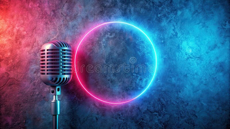 Retro Microphone with Neon Circle on Textured Wall. Generative AI Stock ...