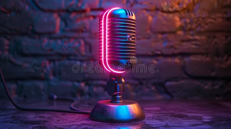 A Retro Microphone with Neon Lights on it Stock Photo - Image of ...