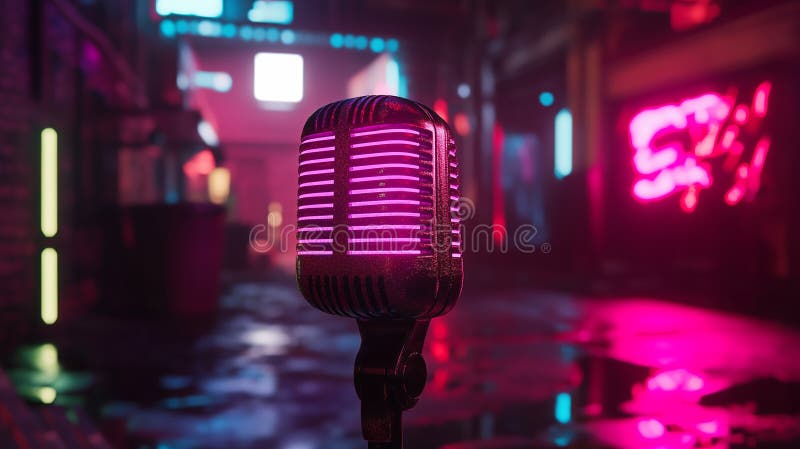 A Retro Microphone with Neon Lights Stock Image - Image of studio ...