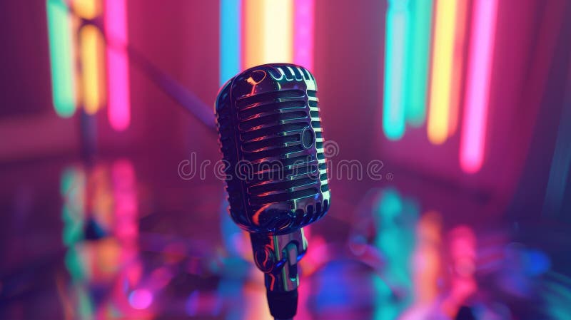 Retro Microphone with Neon Lights, Music and Performance Concept Stock ...