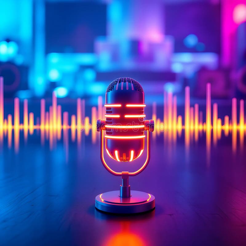 Retro Microphone in Neon Lights: Podcast, Radio, Music Broadcasting ...