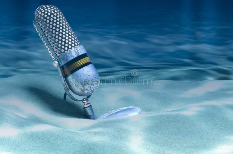Retro Microphone on Ocean Bottom Underwater, 3D Rendering Stock ...