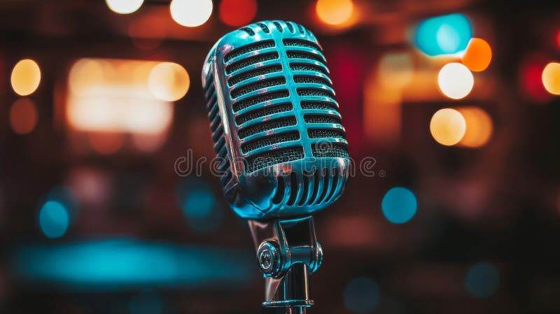 A Retro Microphone Set Against a Backdrop of Colorful Blurred Lights ...