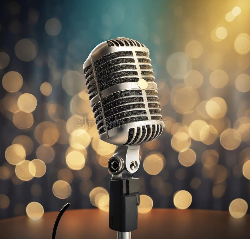 Retro Microphone on Stage with Blurred Lights. 3D Illustration Stock ...