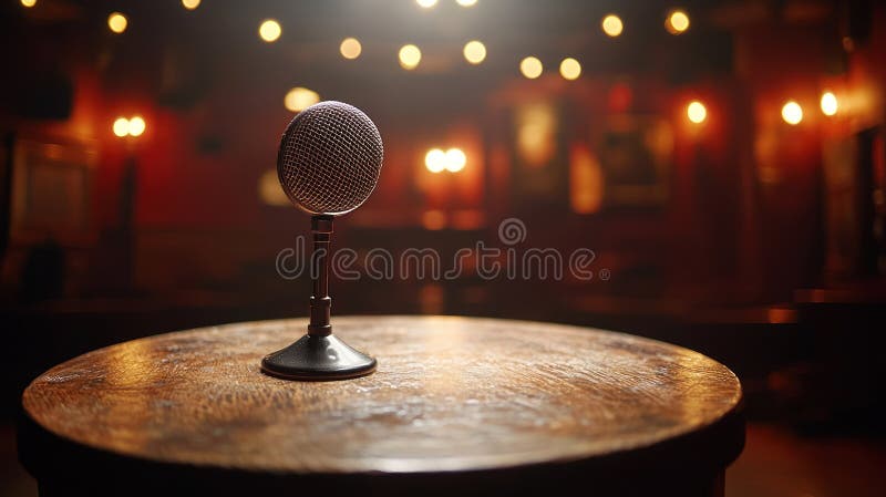 Retro Microphone on Stage, Dimly Lit Pub Background, Ready for ...