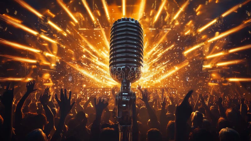 Retro Microphone on Stage with Dynamic Light Rays and Cheering Crowd ...