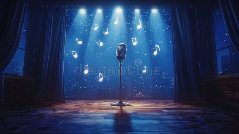 Retro Microphone on Stage with Musical Notes and Spotlight in Starry ...