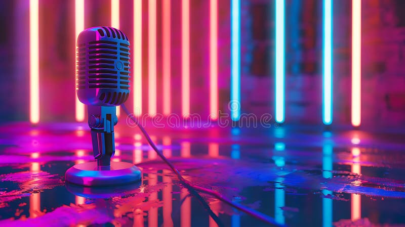 Retro Microphone on Stage with Neon Lights. Music Concept Background ...
