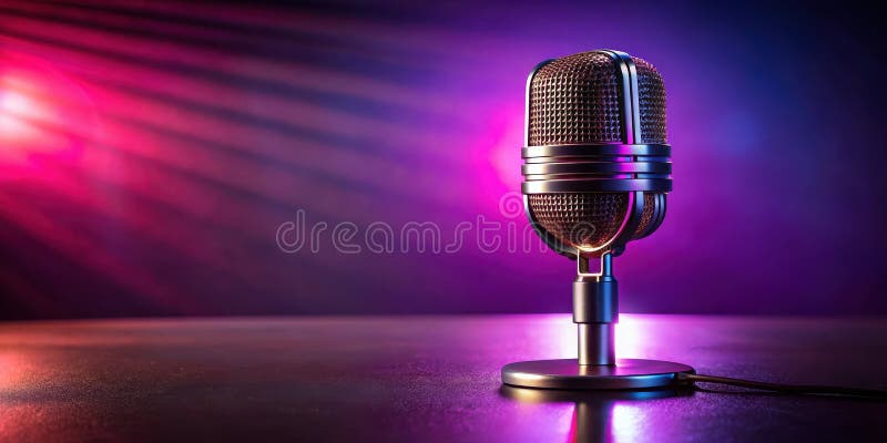 Retro Microphone on Stage with Purple and Pink Lighting, Ready for a ...