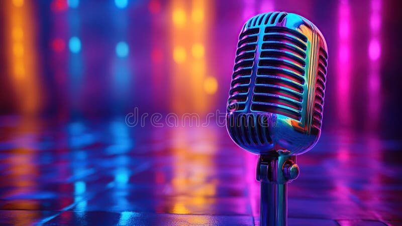 Retro Microphone on Stage with Vibrant Neon Lights Stock Illustration ...