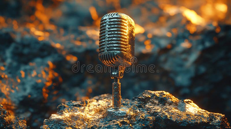 Retro Microphone on a Stand in a Dramatic Volcanic Setting at Dusk ...