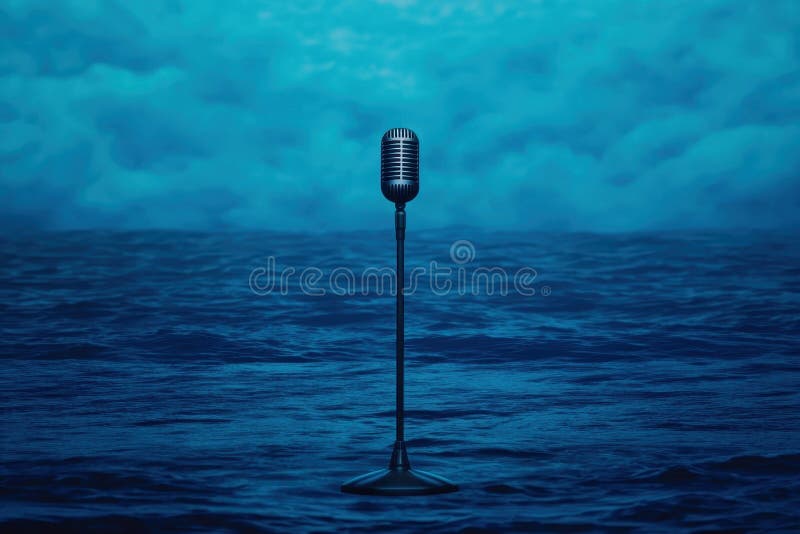 Vintage Microphone on Stand in Ocean Dramatic Stage Lighting Blue Water ...