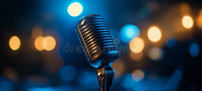 Retro Microphone Stands Ready for Performance on a Lit Stage Stock ...