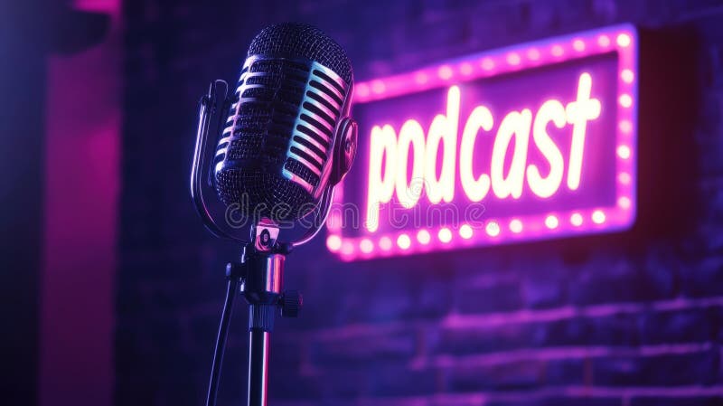 Retro Microphone in Studio with Blurred Podcast Sign and Warm Lighting ...