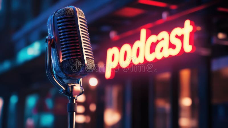 Retro Microphone in Studio with Blurred Podcast Sign and Warm Lighting ...