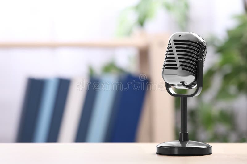 Retro Microphone on Table Indoors, Space for Text. Interview Stock ...