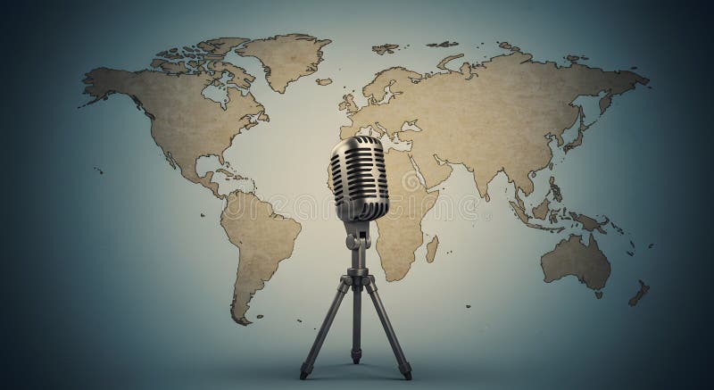 Global Communication: Vintage Microphone on World Map Stock ...