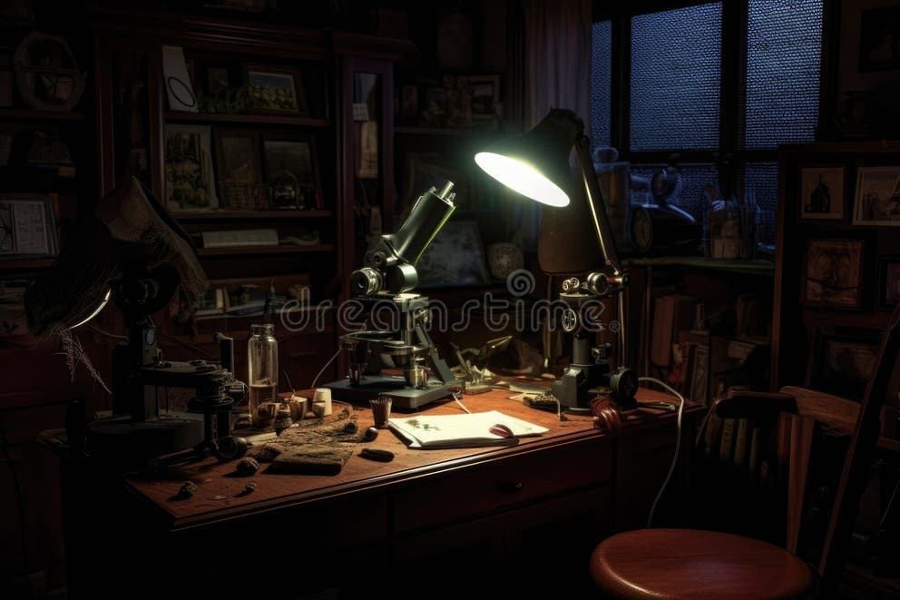 Retro Microscope in Dimly Lit Study Room Stock Illustration ...