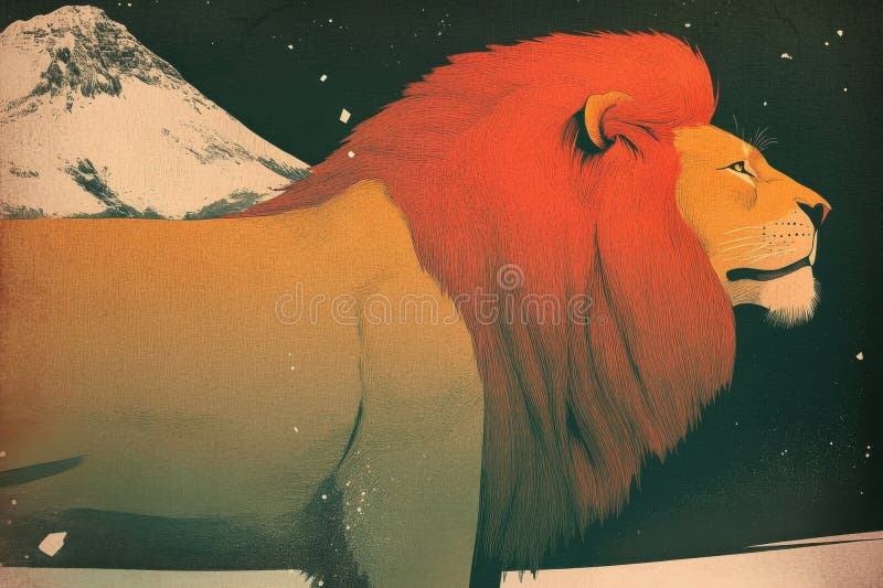 Retro Minimalistic Lion Tattoo Design with Mountain Backdrop Stock ...