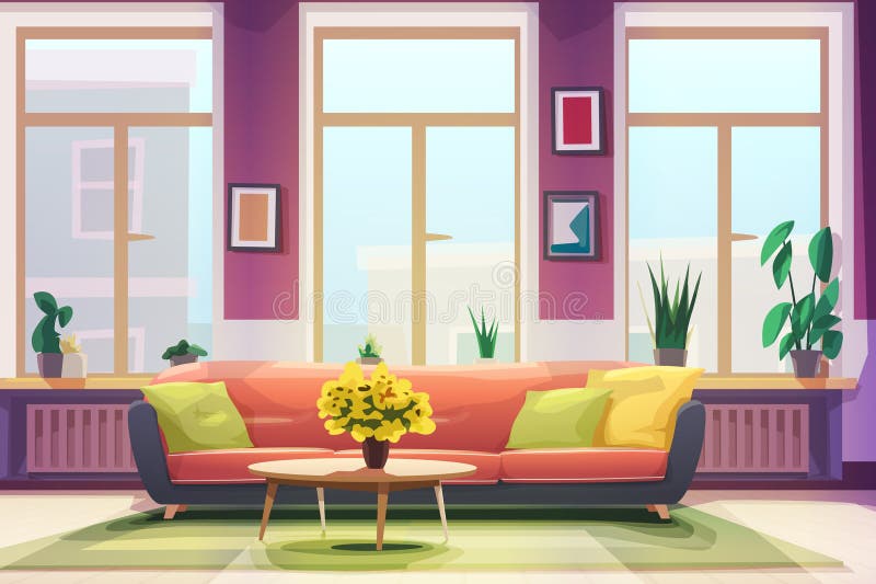 Retro Modern Interior Design at Sunny Day Stock Vector - Illustration ...