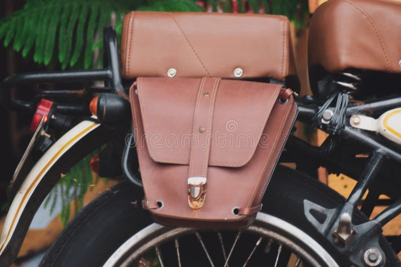 Retro motorcycle bag side stock image. Image of leather - 213901515