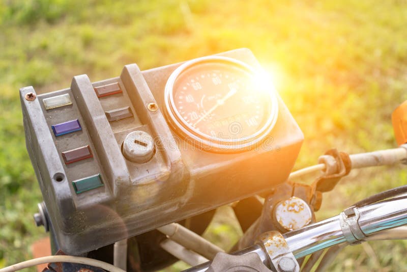 Retro Motorcycle Black Analog Speedometer with a Sun Reflection Close ...