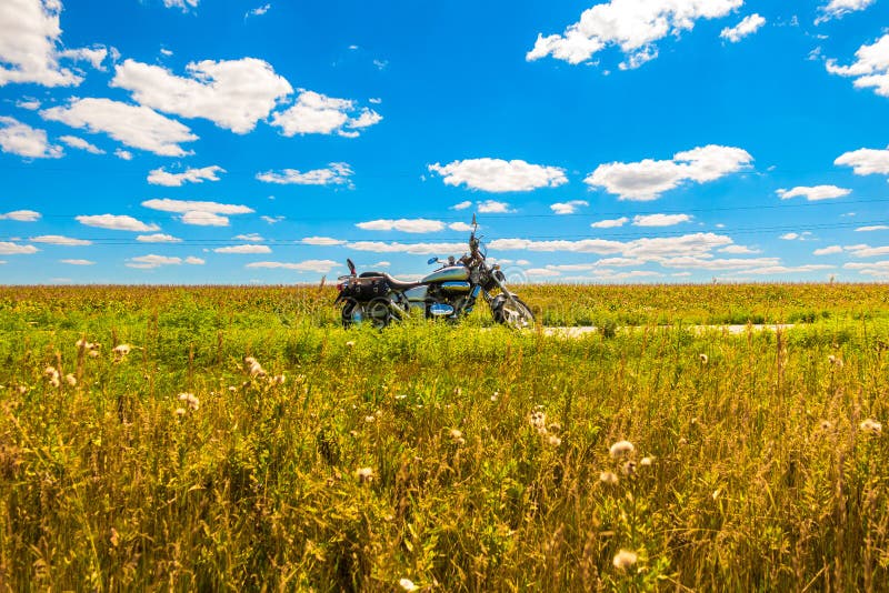Retro Motorcycle in a Field among the Grass Stock Photo - Image of ...