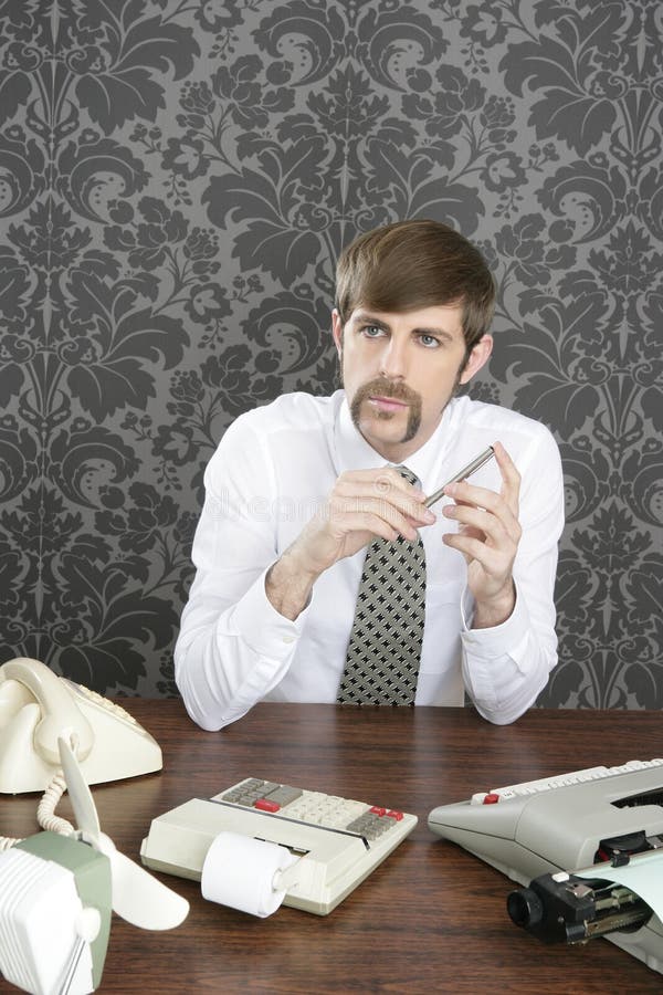 Retro Mustache Businessman Office Desk Stock Image - Image of fashioned ...