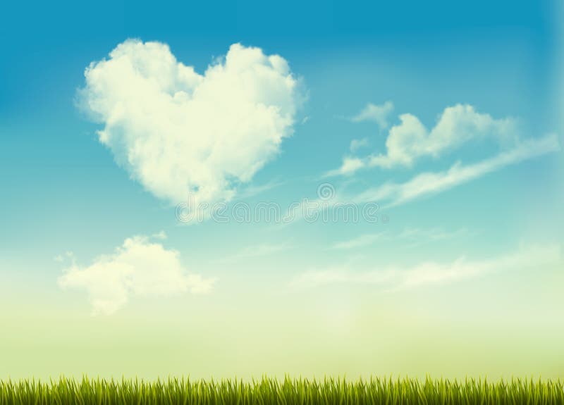 Retro Nature Background with Blue Sky with Hearts Shape Clouds. Stock ...