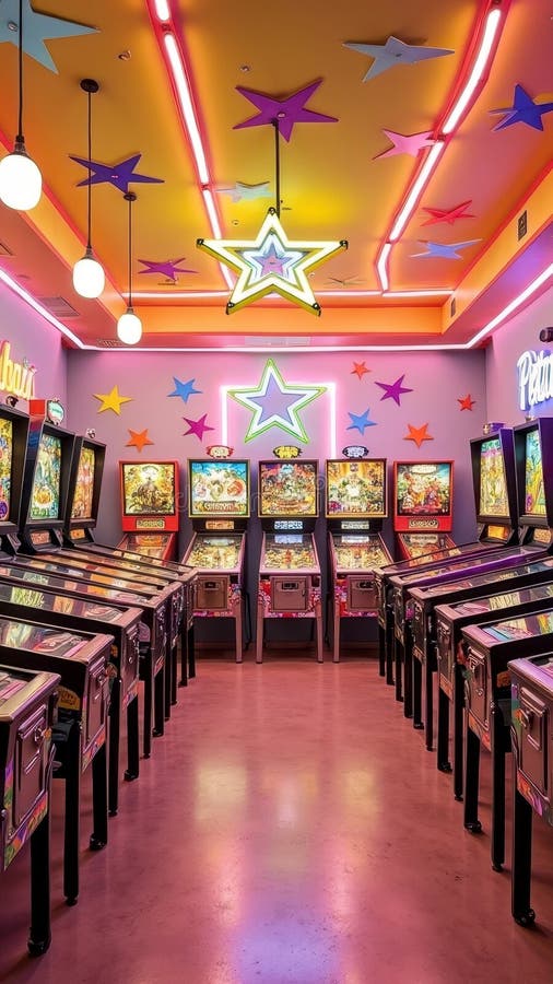 Retro Neon Arcade with Pinball Machines and Colorful Star Decorations ...