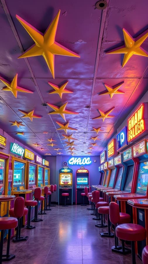 Retro Neon Arcade Room with Colorful Star Ceiling and Vintage Game ...