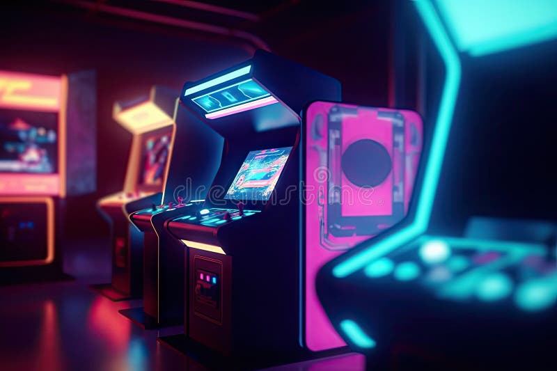Retro Neon Glowing Arcade Machines Games Room 3D Render Illustration ...